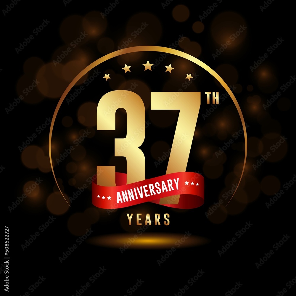 37 years anniversary logo with golden ring and ribbon for booklet ...