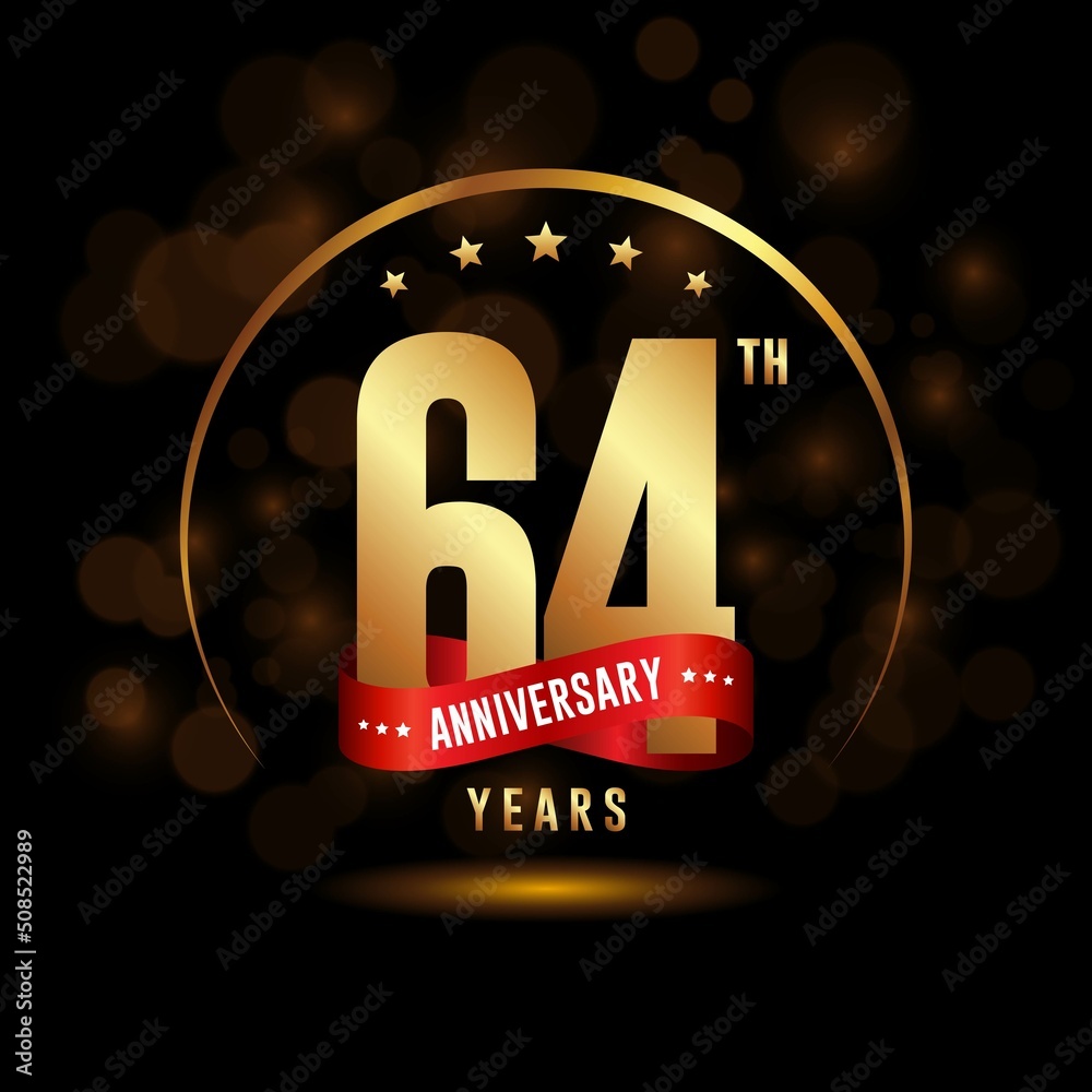 64 years anniversary logo with golden ring and ribbon for booklet ...
