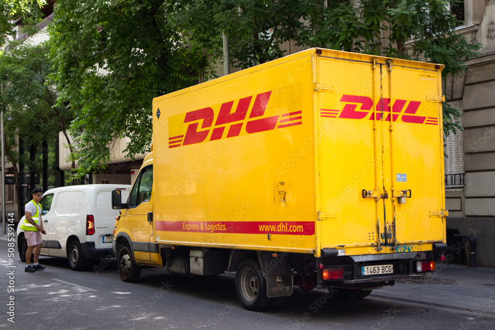 Madrid, Spain. June 1, 2022. A yellow cargo vehicle with the logo of ...