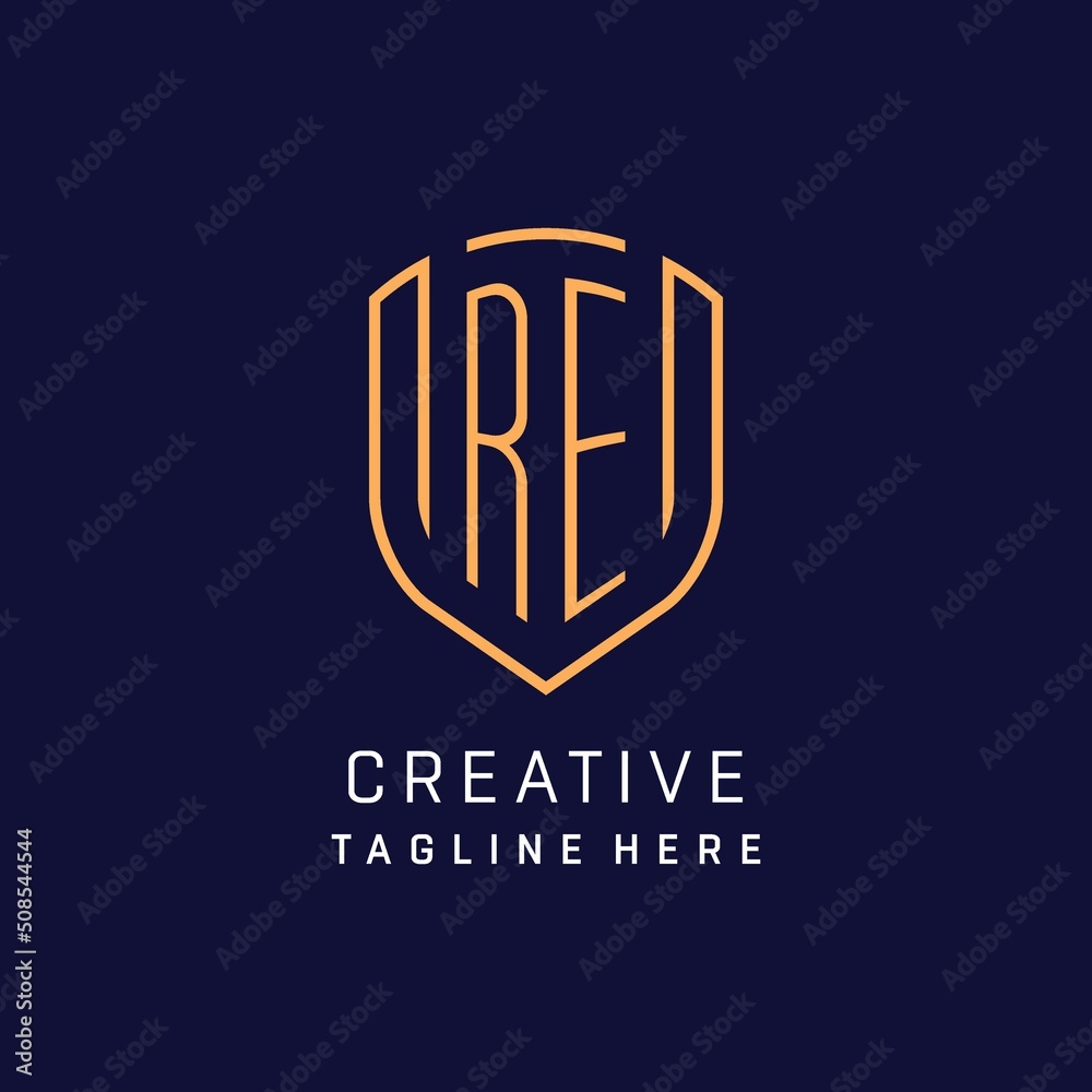 Letter RE monogram logo shield shape with luxury monoline style Stock ...