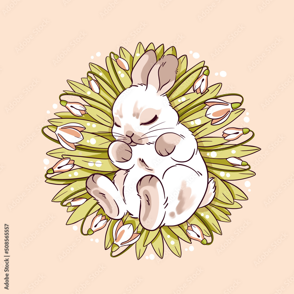 Cute little rabbit, Easter brown rabbit sleeping on flowers snowdrops ...