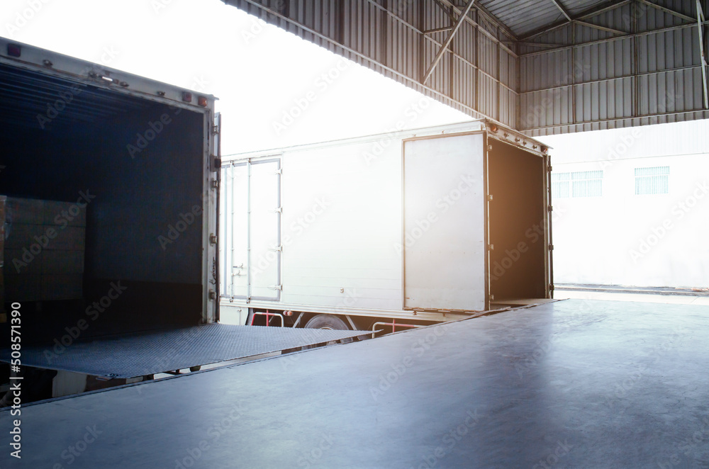Cargo Container Trucks Parked Loading Dock at Distribution Warehouse ...