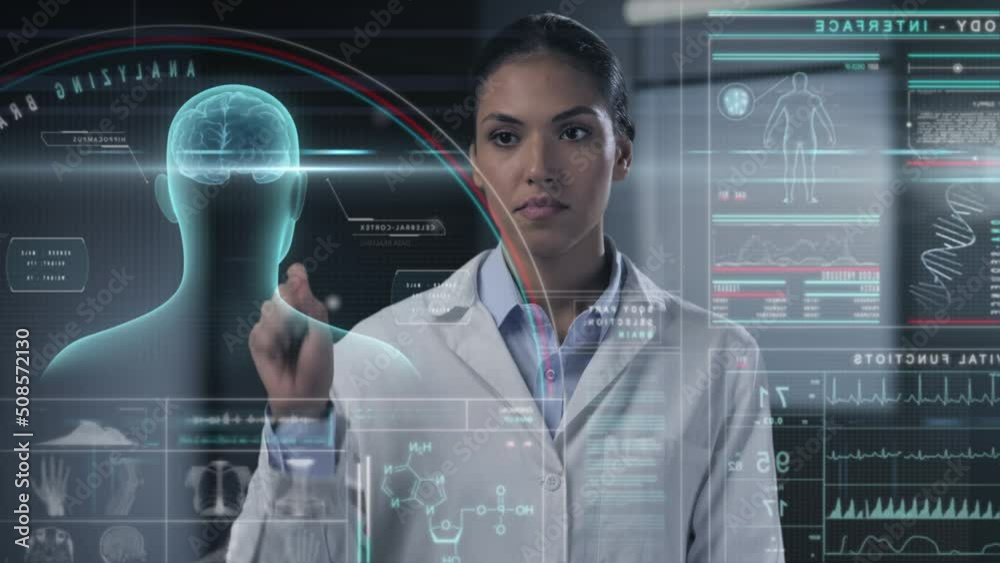 doctor using medical graphic interface touch screen studying human body ...