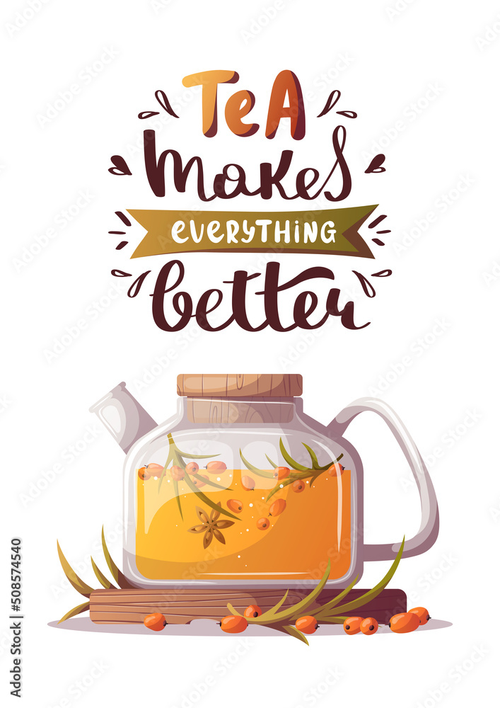 Teapot with sea buckthorn tea, handwritten quote. Tea shop, cafe-bar ...