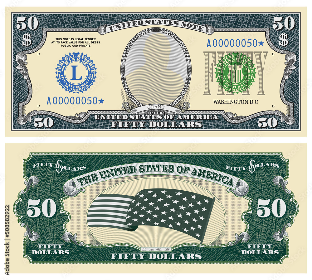 Fictional template obverse and reverse of US paper money. Fifty dollars ...