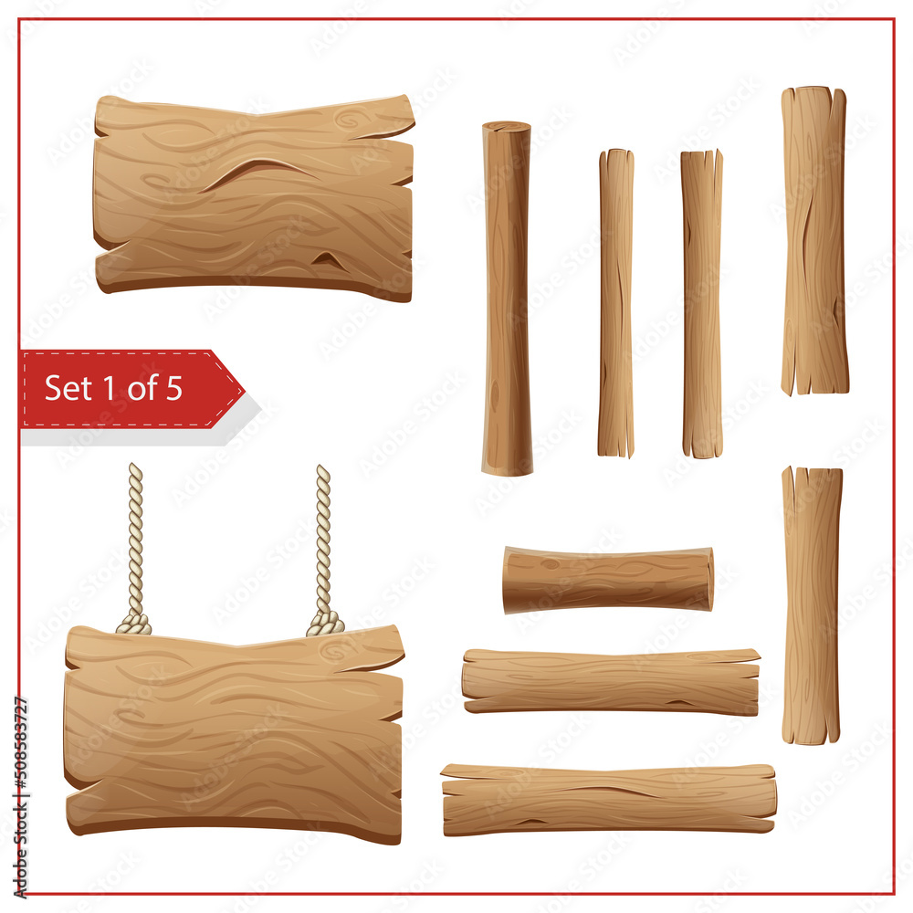 Collection of timber materials like a wooden panels, planks, logs ...