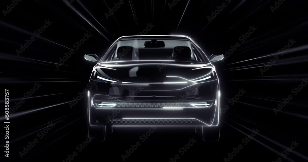 Lighted concept of modern black SUV car from the front. White line ...