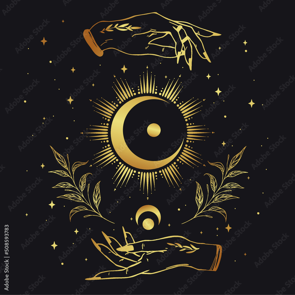 Moon with hand in gold style logo. Moon vector. Vector illustration ...