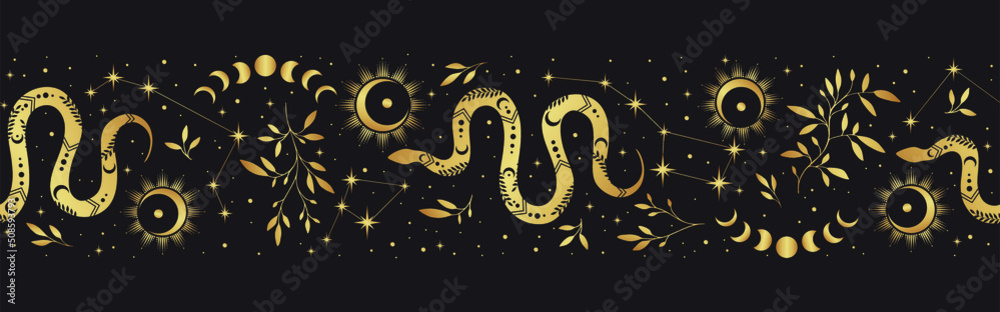 Seamless vector border with moons, herbs, stars and snake. Gold ...