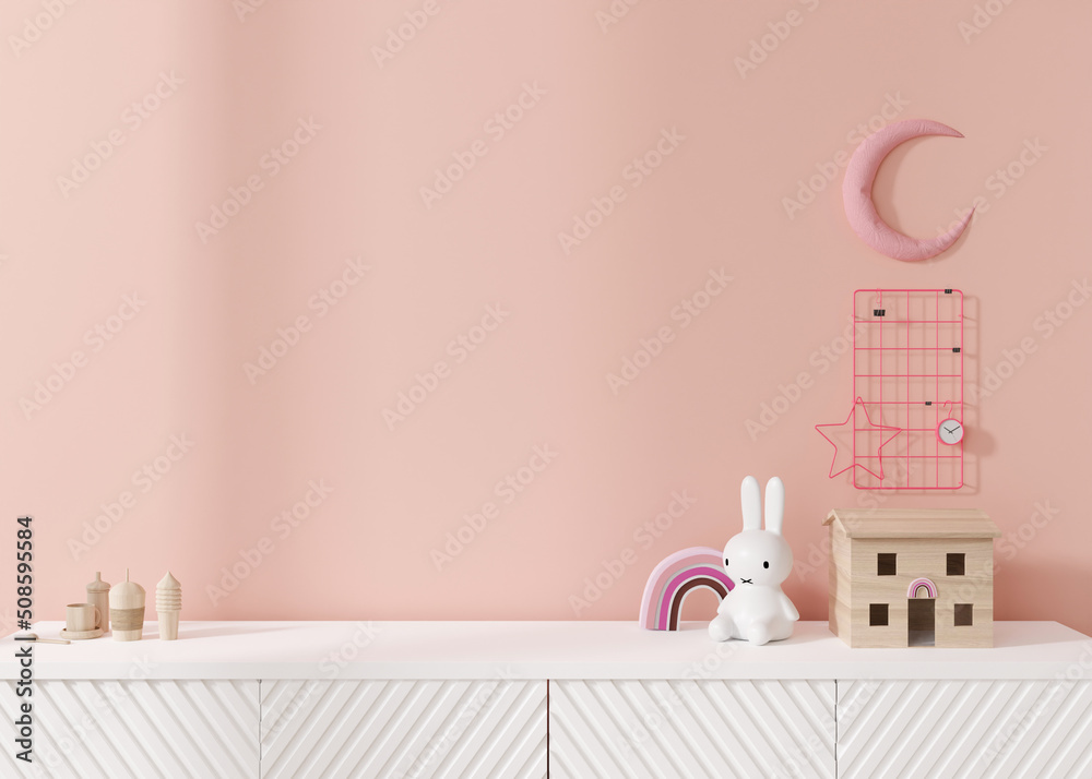 Empty pink wall. Mock up kids room interior in contemporary style ...