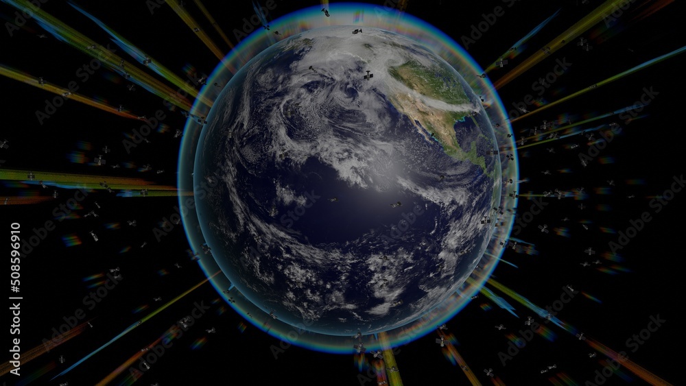 Satellites transmit signal to Planet Earth. View from space. World ...
