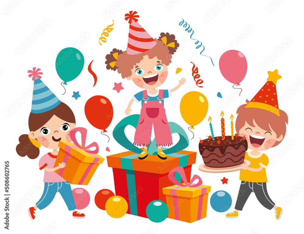 Cartoon Kids Celebrating Birthday Party Stock Vector | Adobe Stock