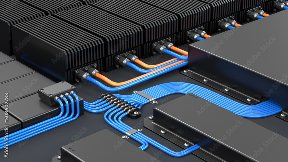 3d model of electrical equipment with wires, cables and blocks. Dark ...