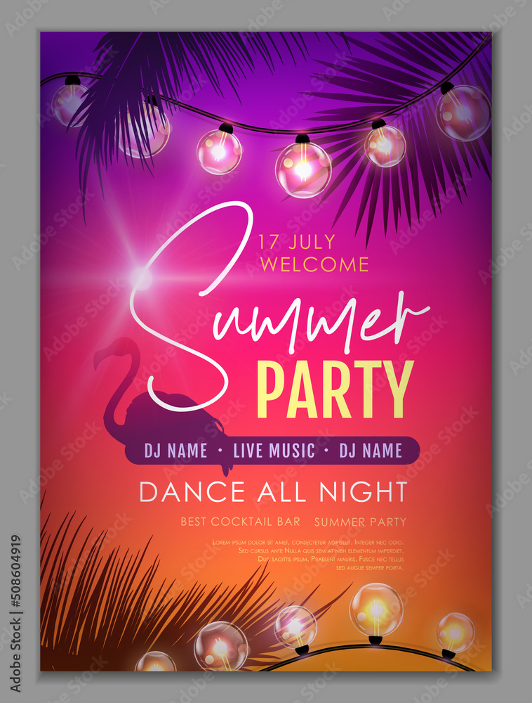 Summer disco party poster with tropic leaves and string of lights ...