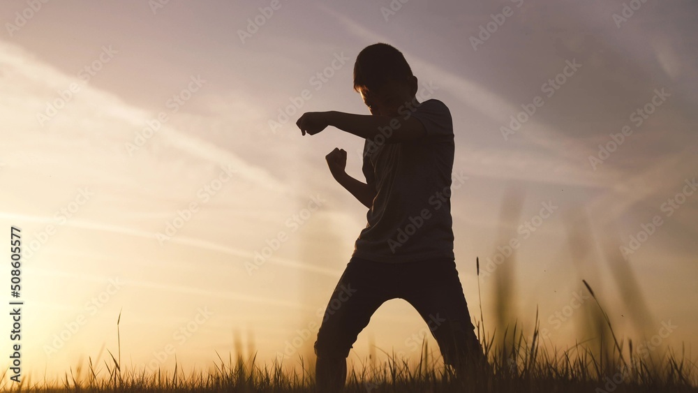 silhouette child kid boxer. boy a boxing with shadow exercising at ...