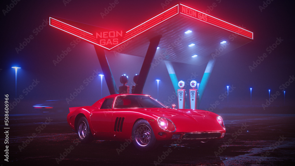 Neon gas station and retro car. Vintage cyberpunk auto. Fog rain and ...