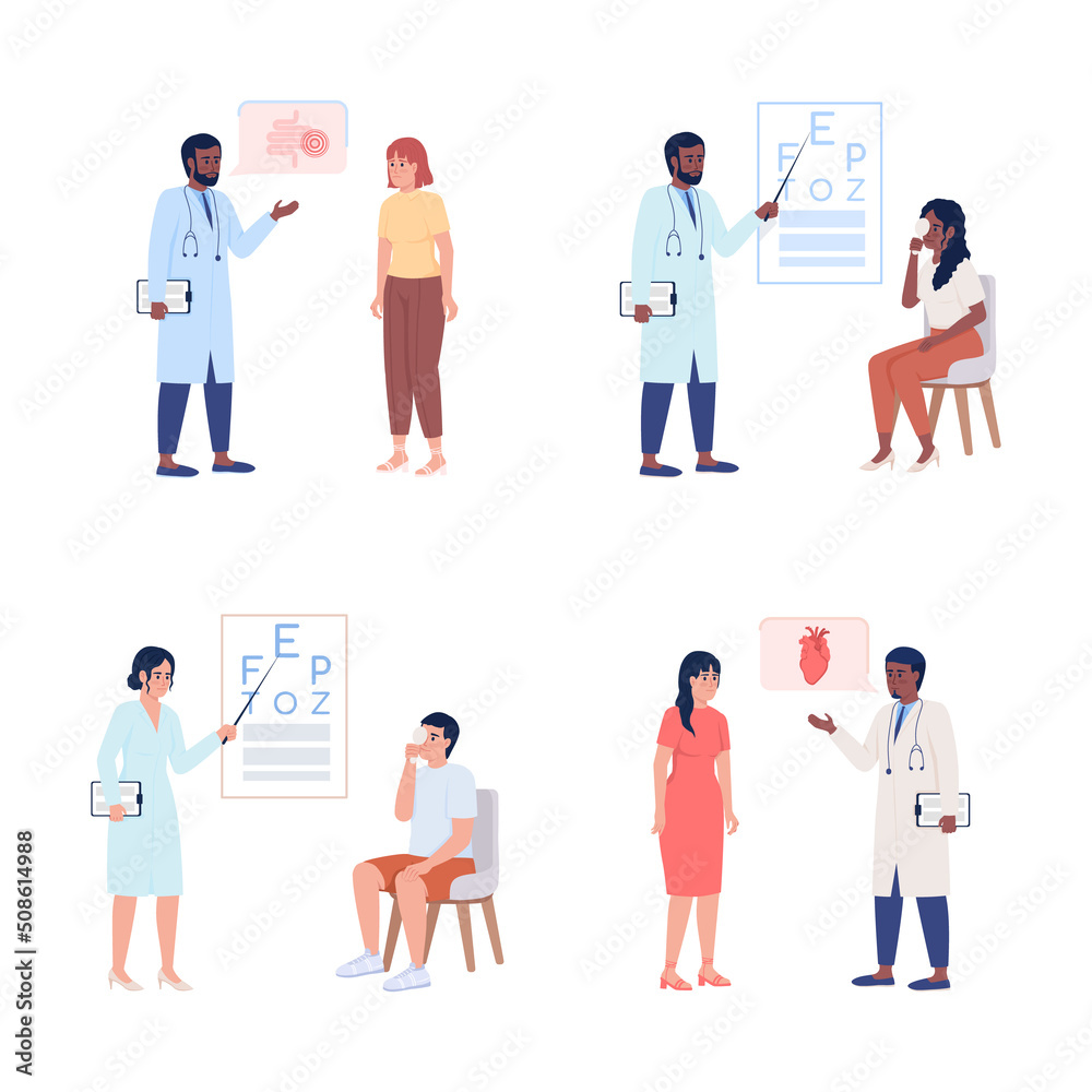 Doctor consultation semi flat color vector characters set. Standing ...