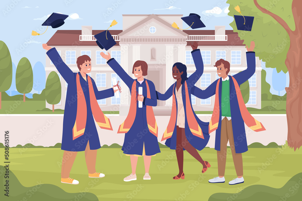 Happy graduating students at university flat color vector illustration ...