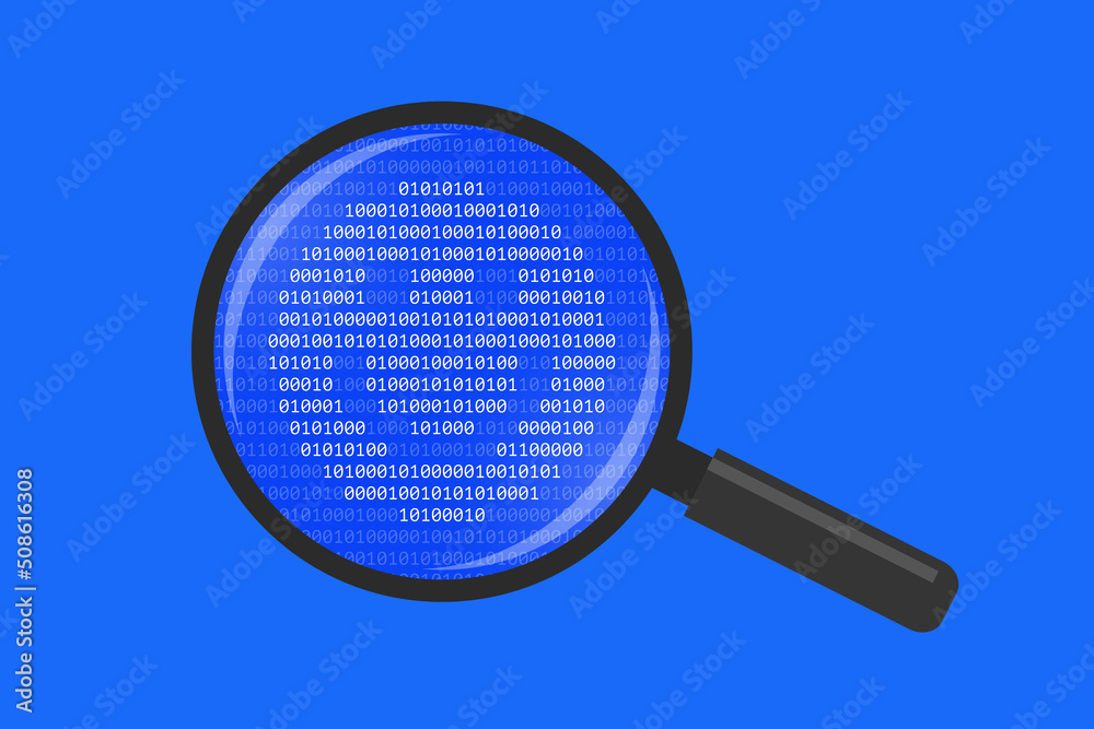 Magnifying glass and happy smiling face icon made from binary code ...