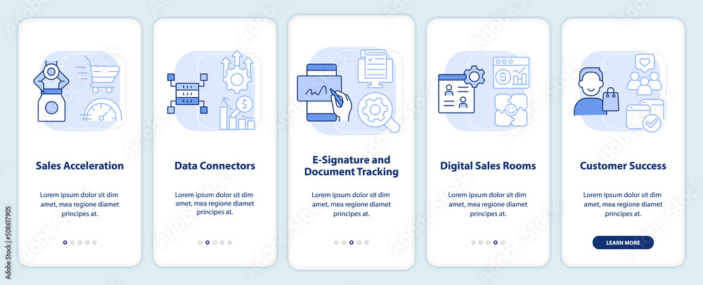 Sales tools light blue onboarding mobile app screen. Marketing ...