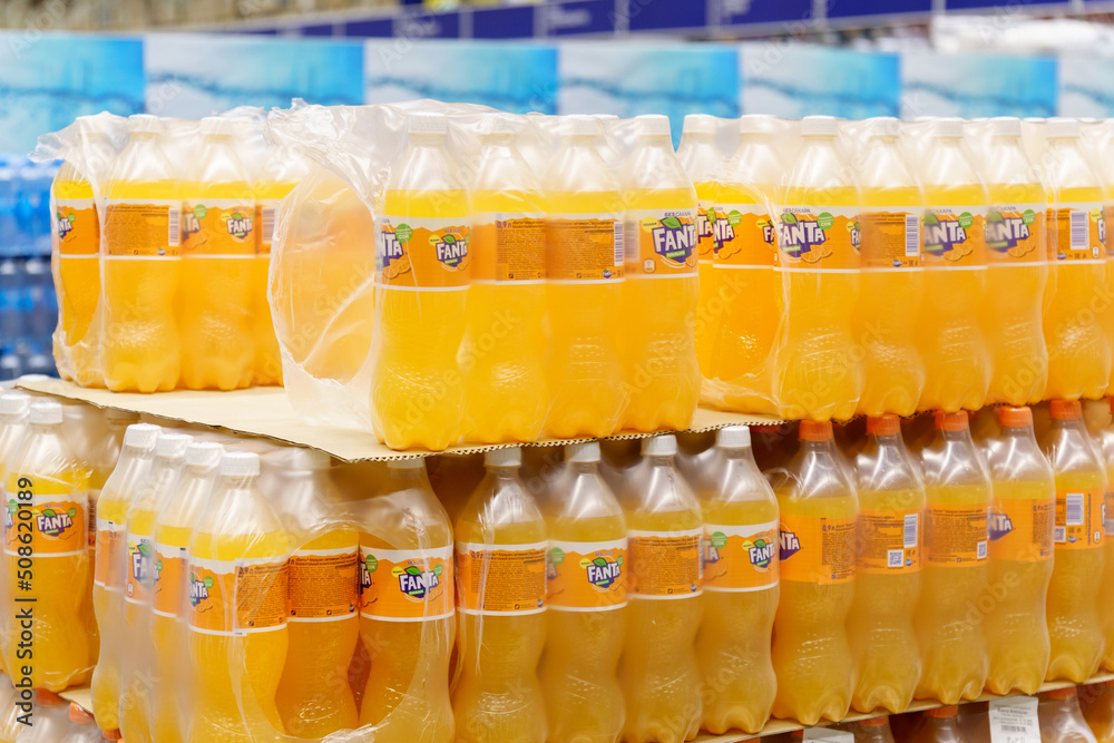 Tyumen, Russia-May 11, 2022:: Fanta plastic botles. The three drinks ...