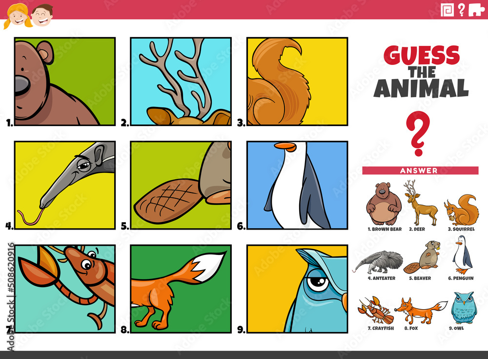 guess cartoon animal characters educational task for children Stock ...