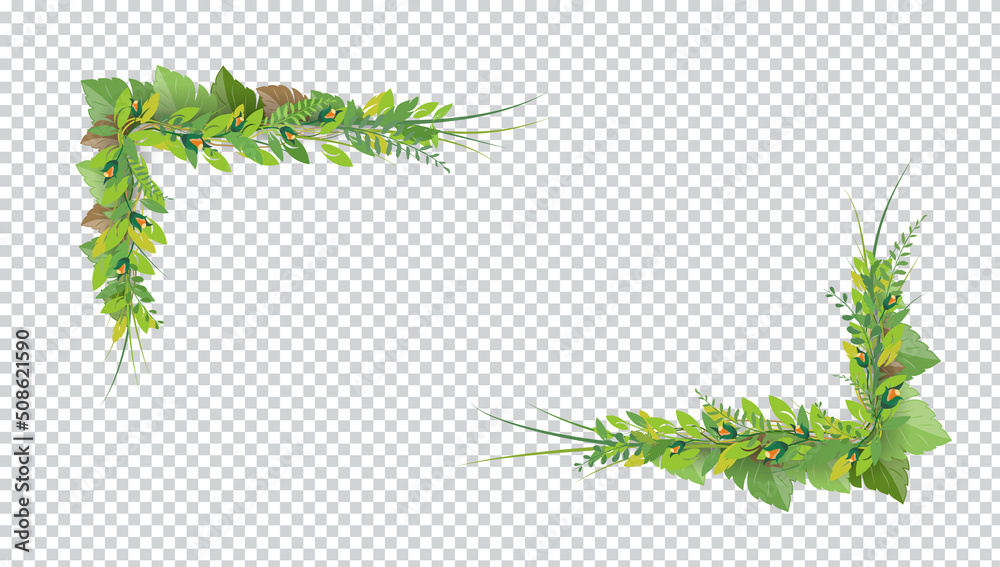 Set of corner border from plants, fresh and succulent leaves with bud ...