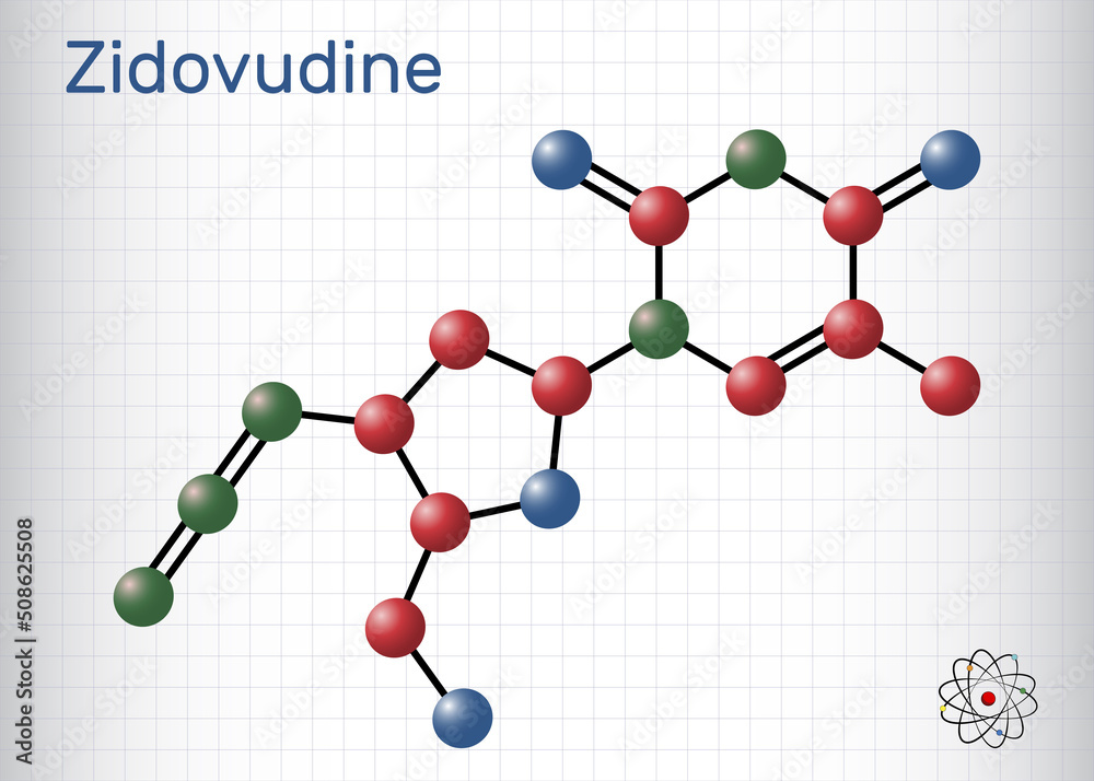 Zidovudine, ZDV, azidothymidine, AZT molecule. It is synthetic ...
