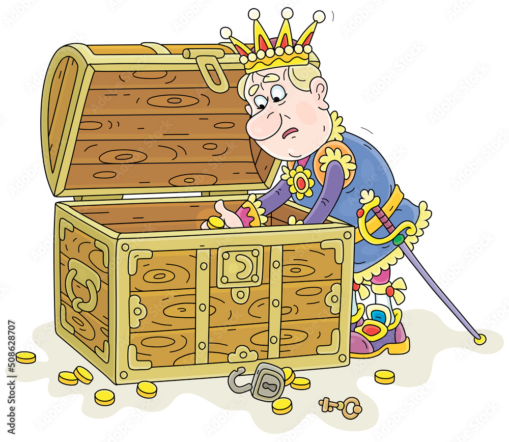 Sad greedy king counting last gold coins in a chest from his royal ...