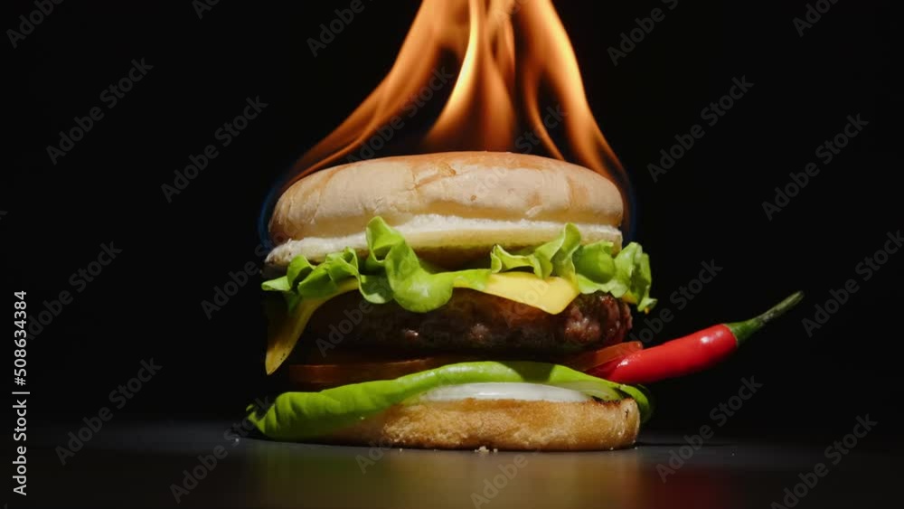 Juicy spicy beef burger in flames rotates on black background on dark ...