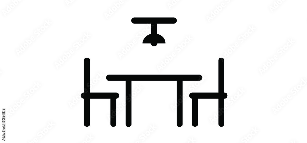Cartoon stickman, stick figure tables and chairs with lamp. Linear ...