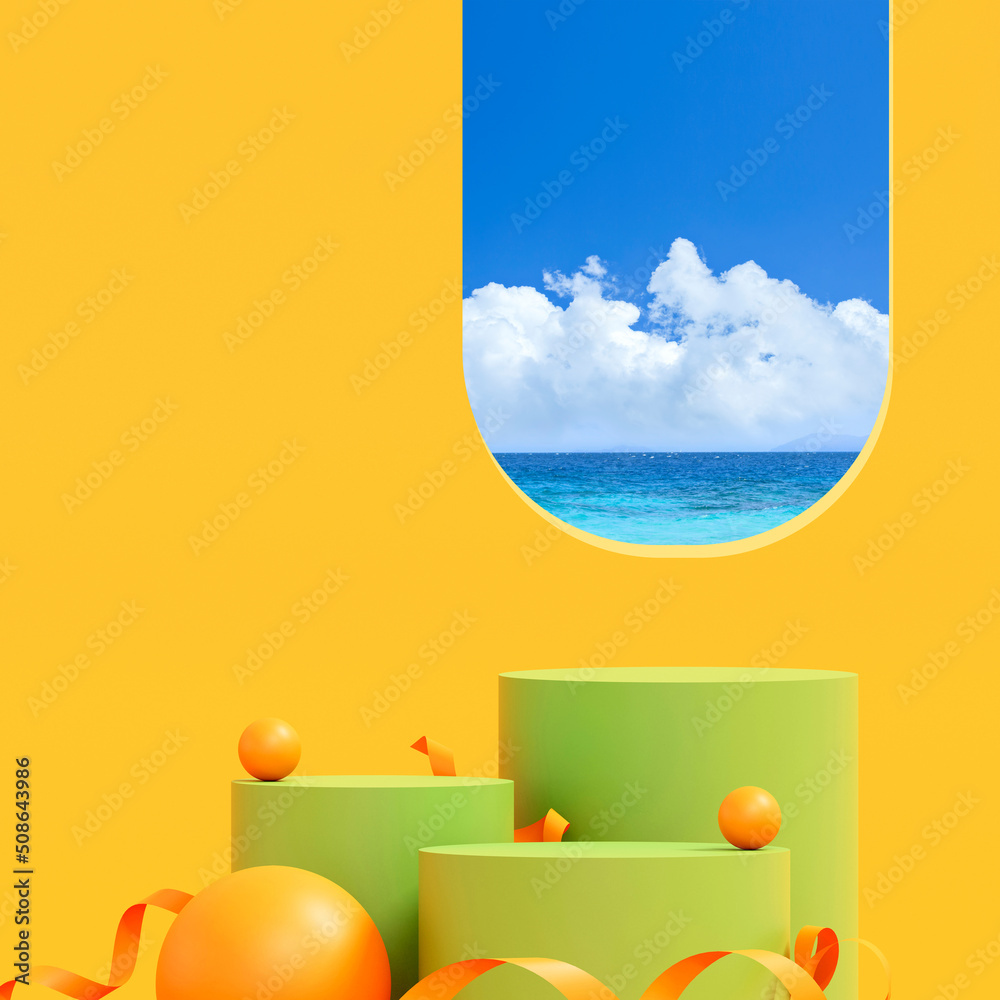 yellow podium on stage with yellowish green platform on sky background ...