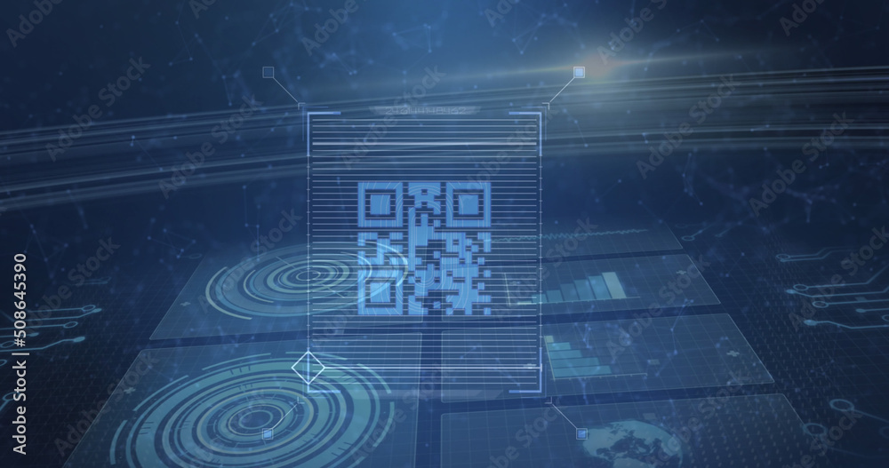 Image of qr code data scanning and processing over blue grid with ...