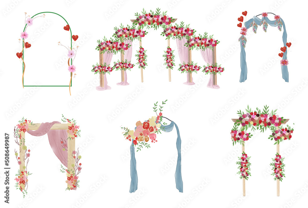 Set of watercolor garden arches with blooming white and pink roses ...