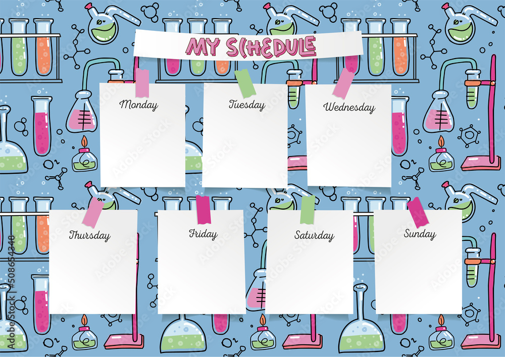 My schedule template with school science supplies in a doodle style ...