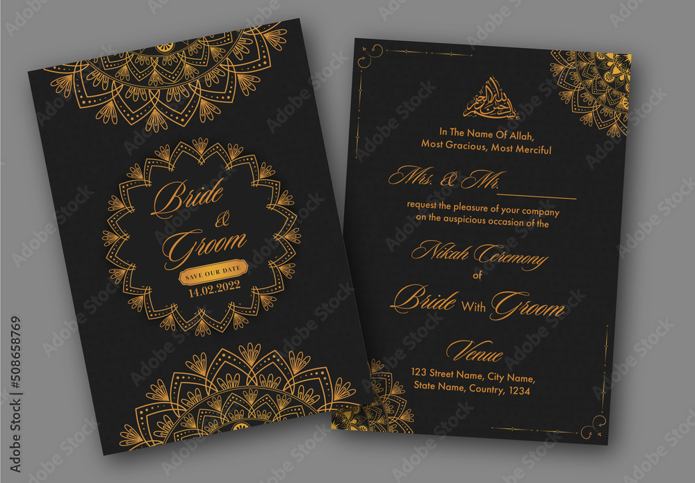 Golden and Black Muslim Nikah Wedding Invitation Design with Beautiful ...