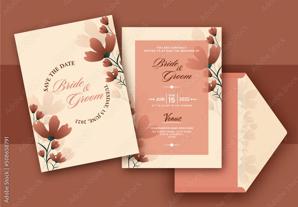 Brown and Beige Wedding Invitation Design with Beautiful Floral ...