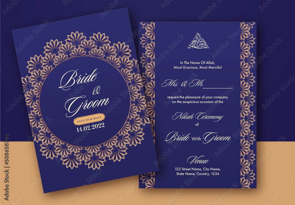 Modelo de Golden and Blue Muslim Nikah Wedding Invitation Design do ...