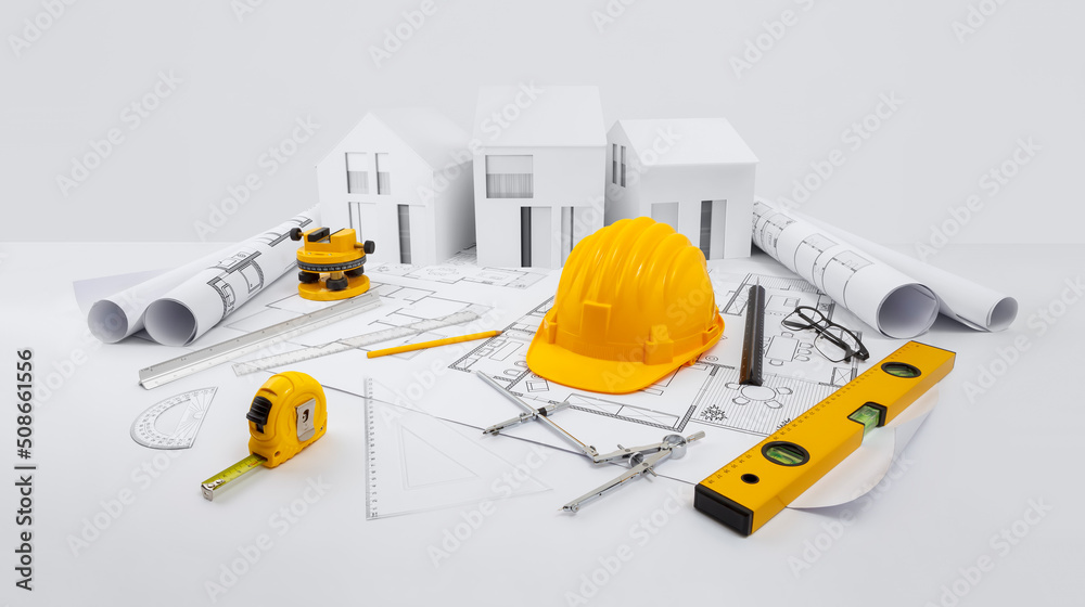 House construction plan concept. Tools for draw blueprint and building ...