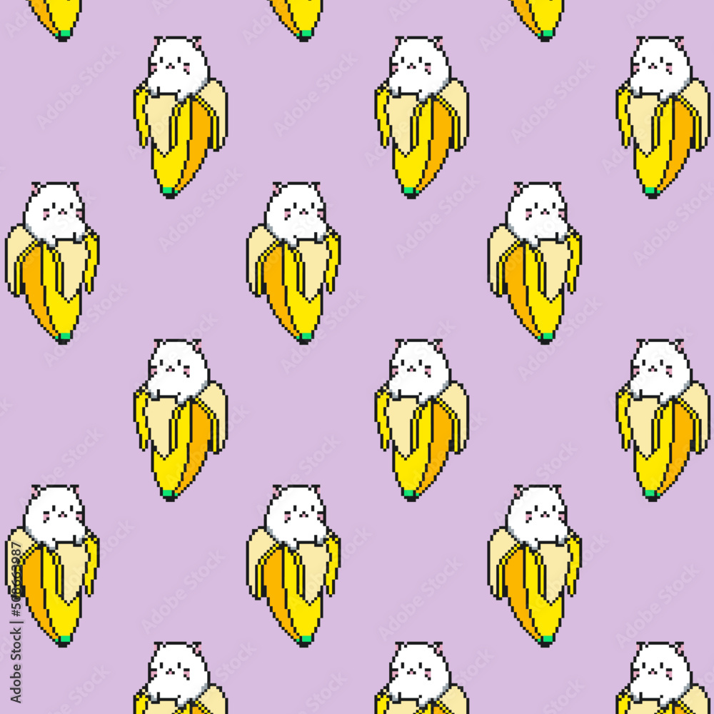 Summer funny pattern with cat. 8 bit cute white kitten on peeled banana ...