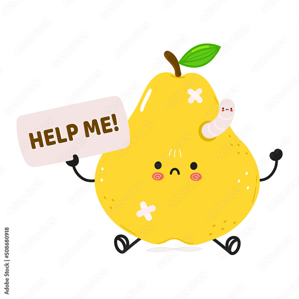 Cute sad sick pear asks for help character. Vector hand drawn cartoon ...