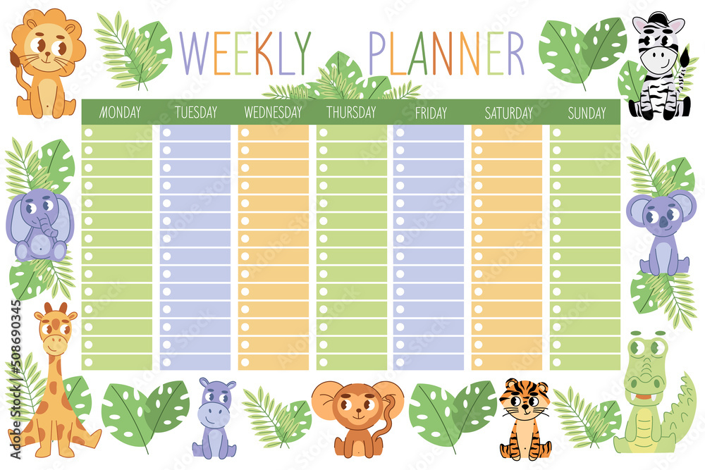 Cute faces of jungle animals. Planner for a week. Vector colorful ...