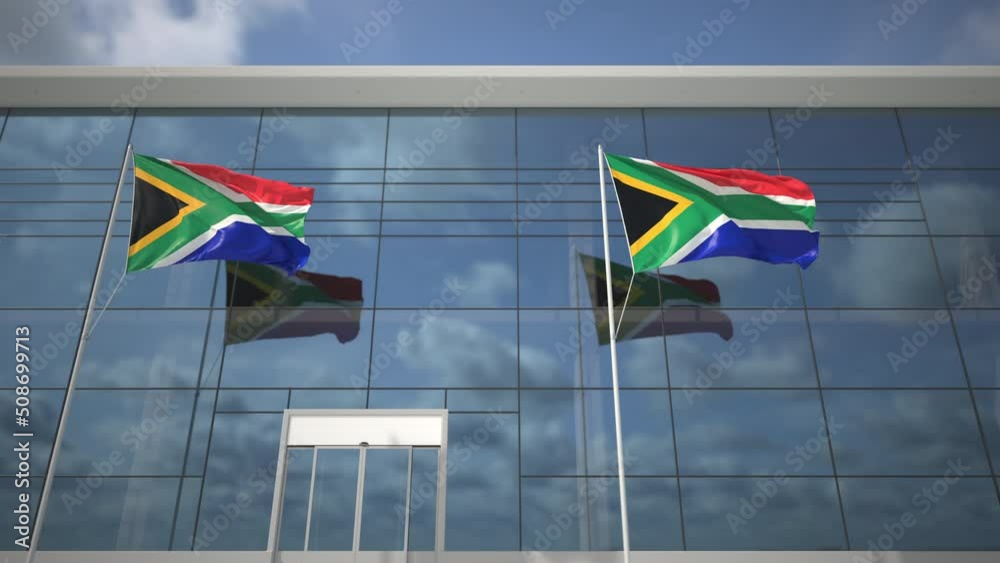 Flags of South Africa in the airport and taking off commercial plane ...