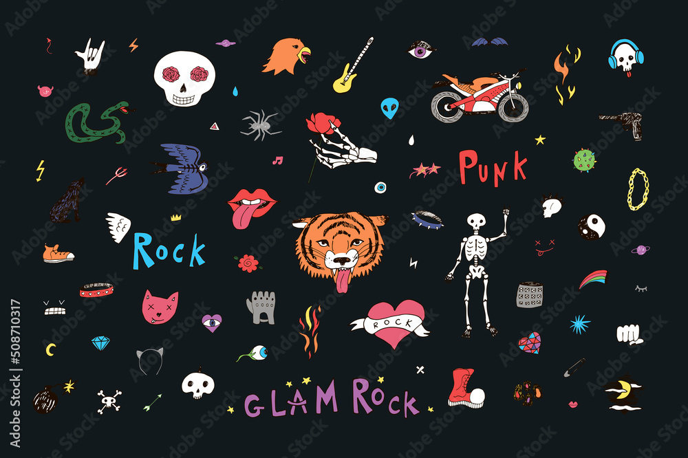 Punk rock doodles vector illustrations set Stock Vector | Adobe Stock