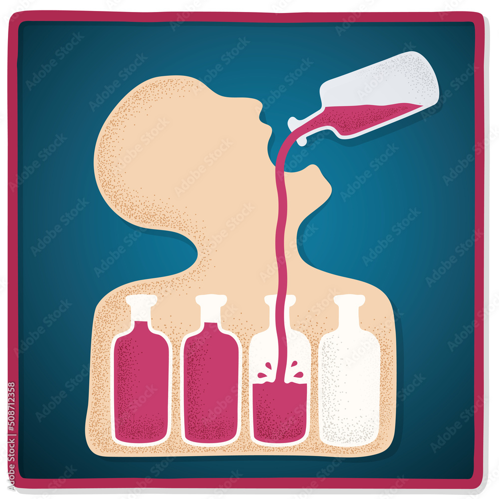 Person drinking alcohol, addiction problems, freehand drawing, vector ...