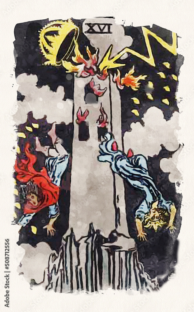 The Tower Major Arcana Tarot Card Watercolor Painting Of Fortress ...