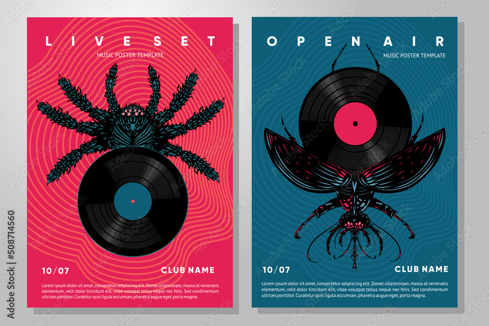 Music cover design with vinyl and bug. Retro style musical poster ...