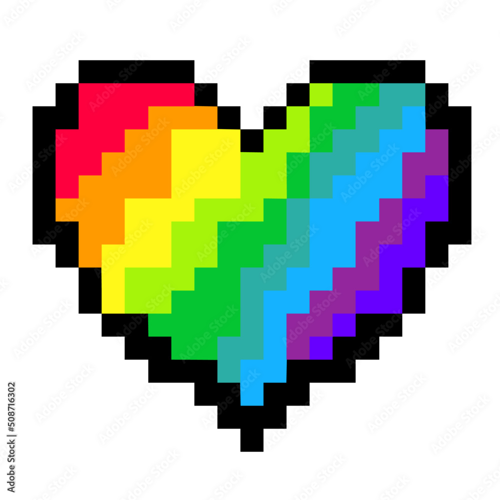 Pixel pride rainbow heart isolated on white background. Vector 8-bit ...