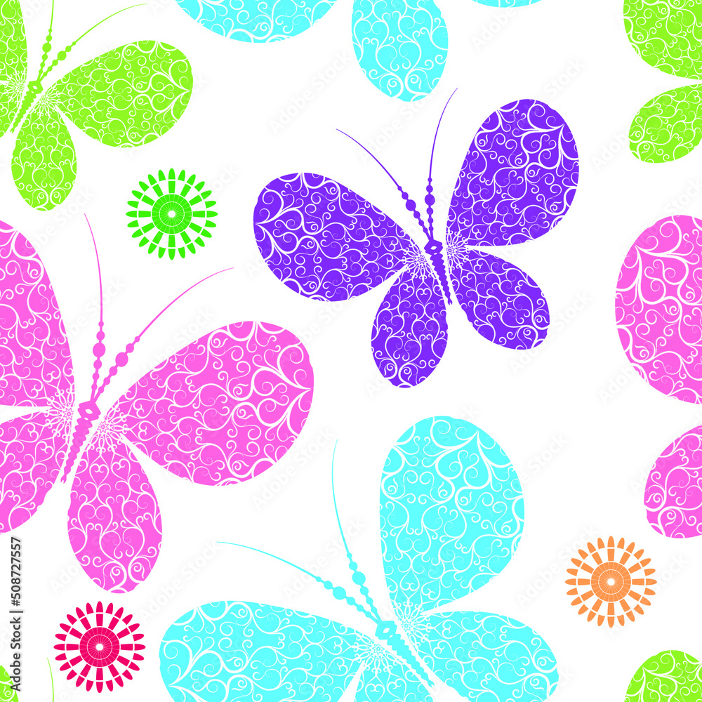 Seamless spring pattern with doodle colorful lace butterflies on a ...