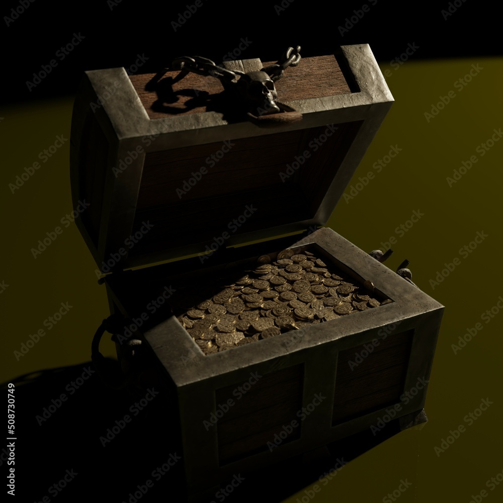 3d computer rendered illustration of treasure chest full of gold coins ...
